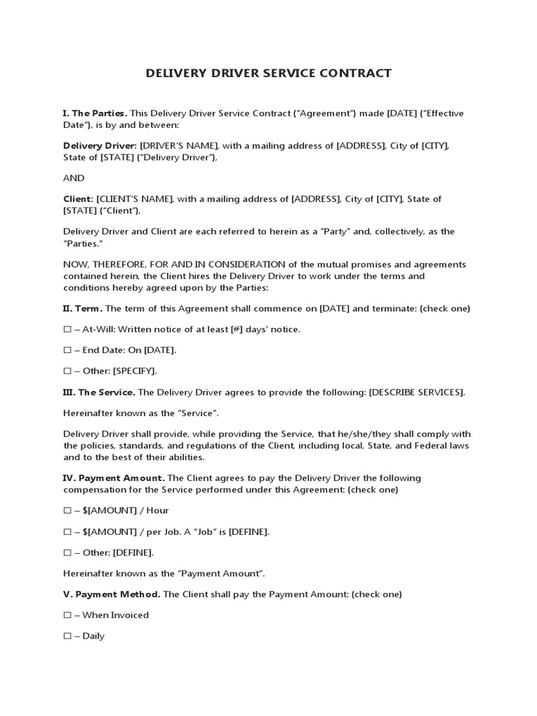 Delivery Driver Service Contract Template | PDF | Common Law | Business