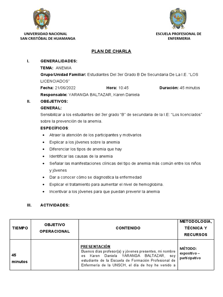 Plan de Charla | PDF | Anemia | Glóbulo rojo
