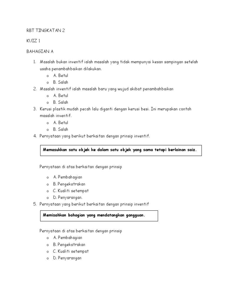 Kuiz TP1 - TP6 RBT Tingkatan 2 | PDF