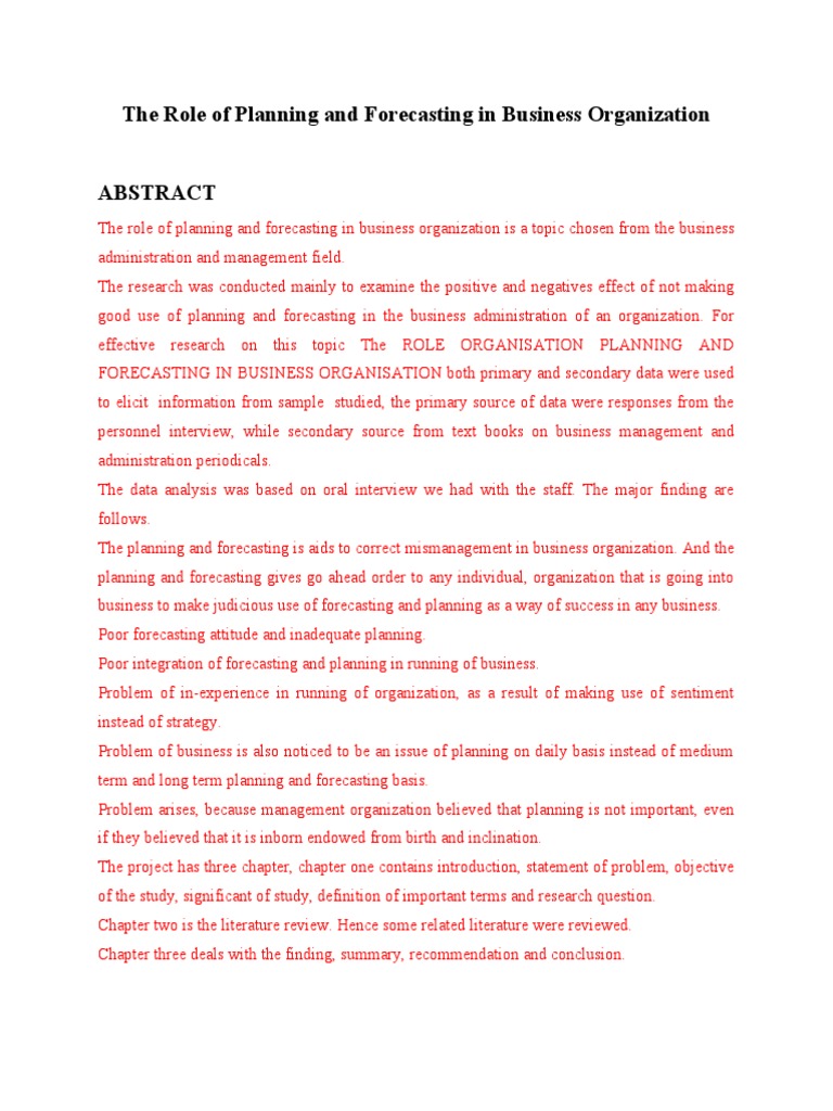 The Role Of Planning And Forecasting In Business Organization