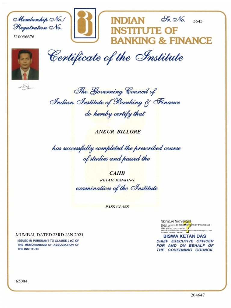 CAIIB Certificate | PDF | Finance & Money Management