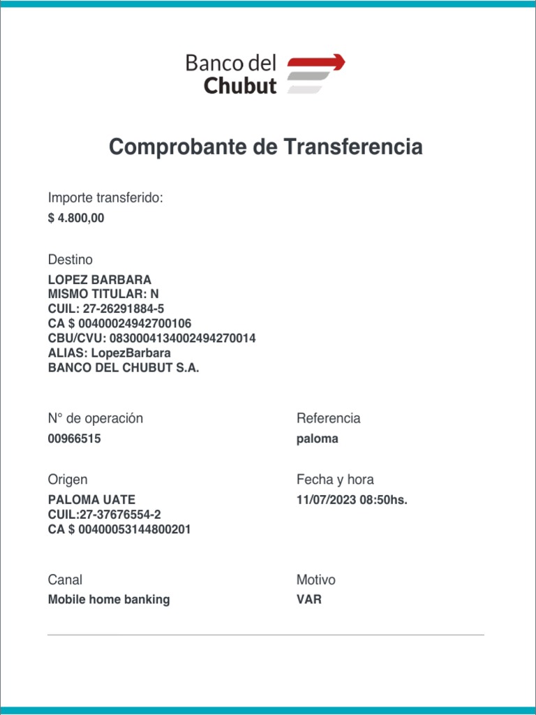 Comprobante de Transferencia: Importe Transferido | PDF