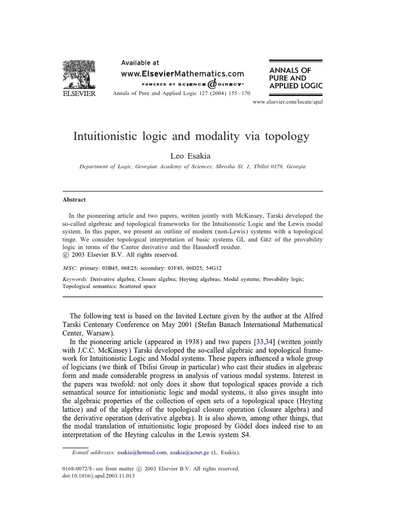Esakia - Intuitionistic Modal Logic Via Topology | PDF | Modal Logic | Theorem