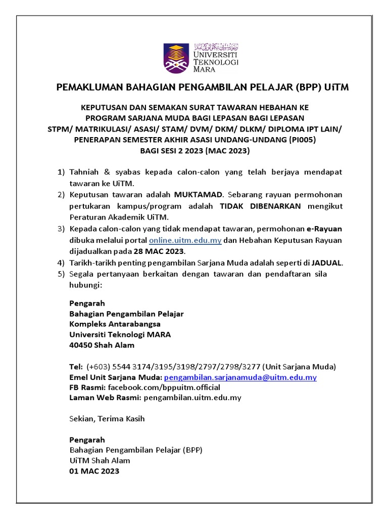 Pemakluman Bahagian Pengambilan Pelajar (BPP) Hebahan Keputusan ...
