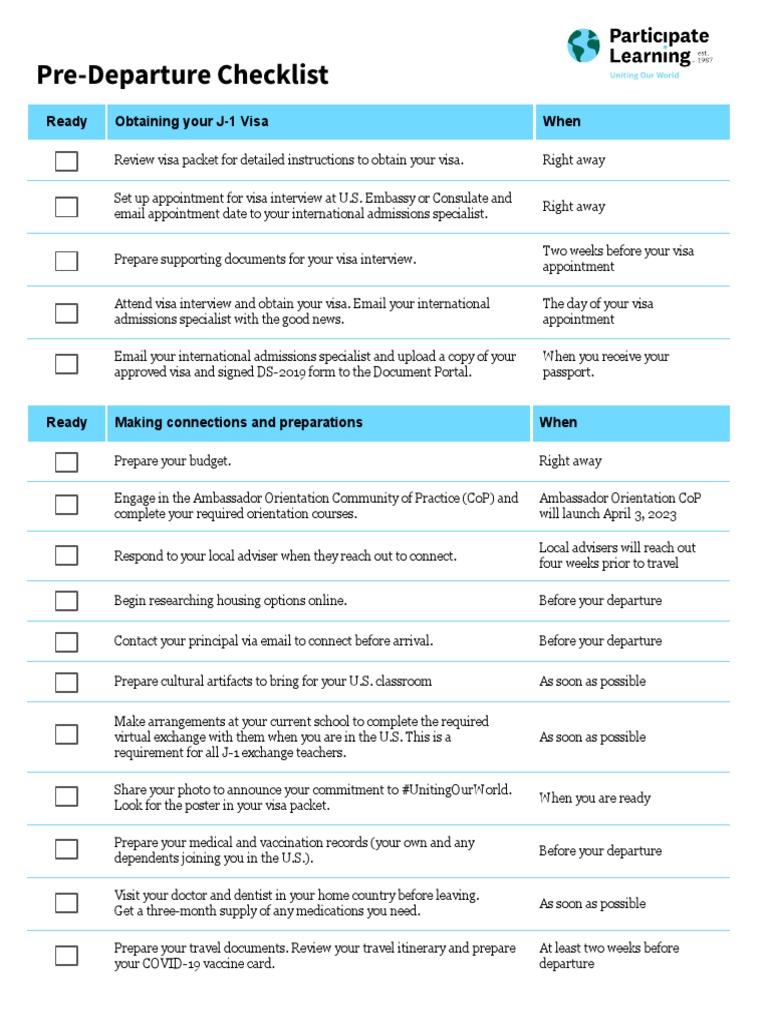 J-1 Visa Pre-Departure Checklist | PDF | Travel Visa | Government And ...