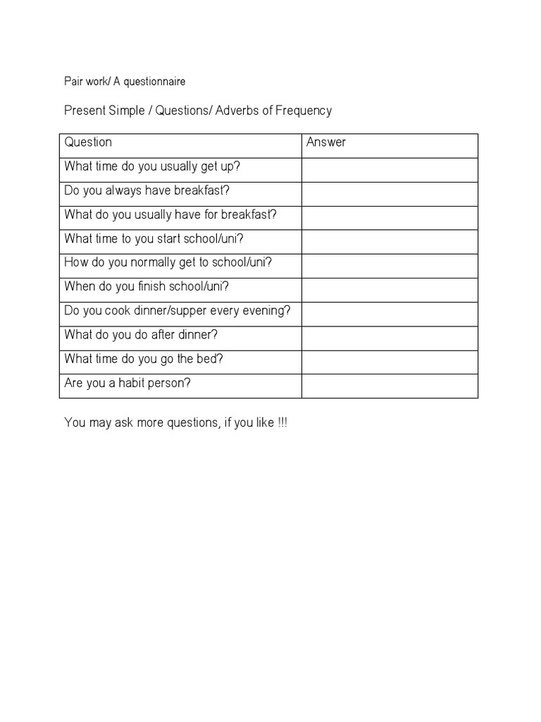 Present Simple Questionnaire, Questions | PDF