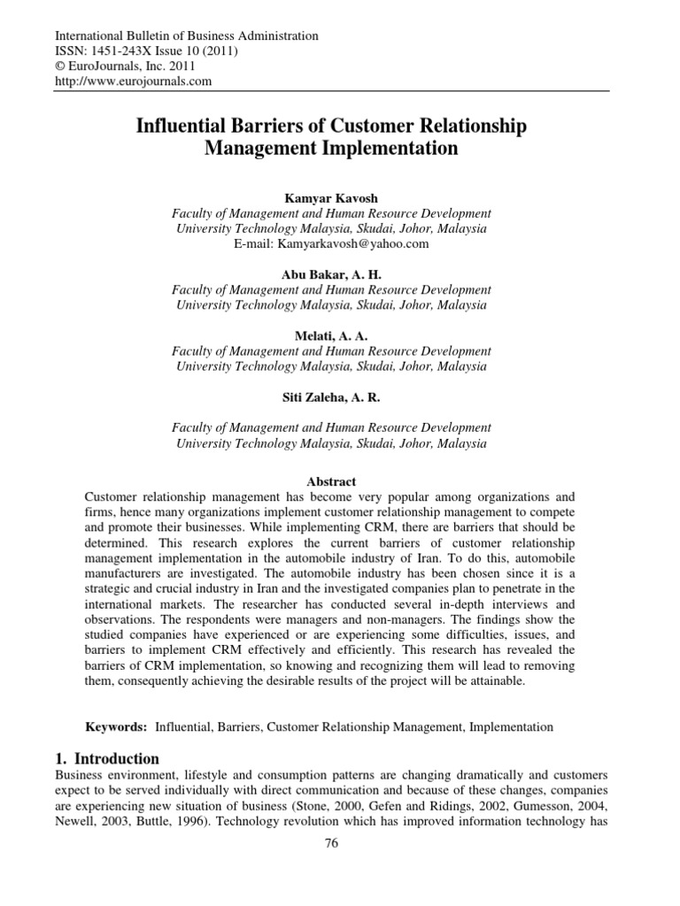 Influential Barriers of Customer Relationship Management Implementation ...