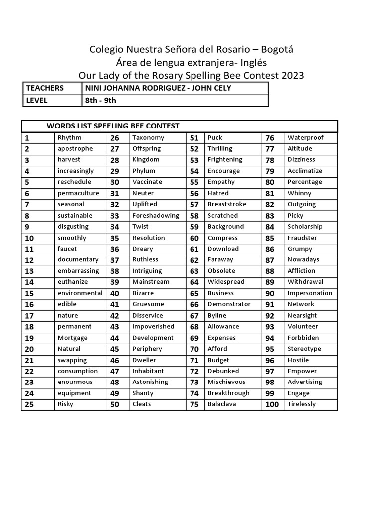 Spelling Bee Words 8th - 9th | PDF