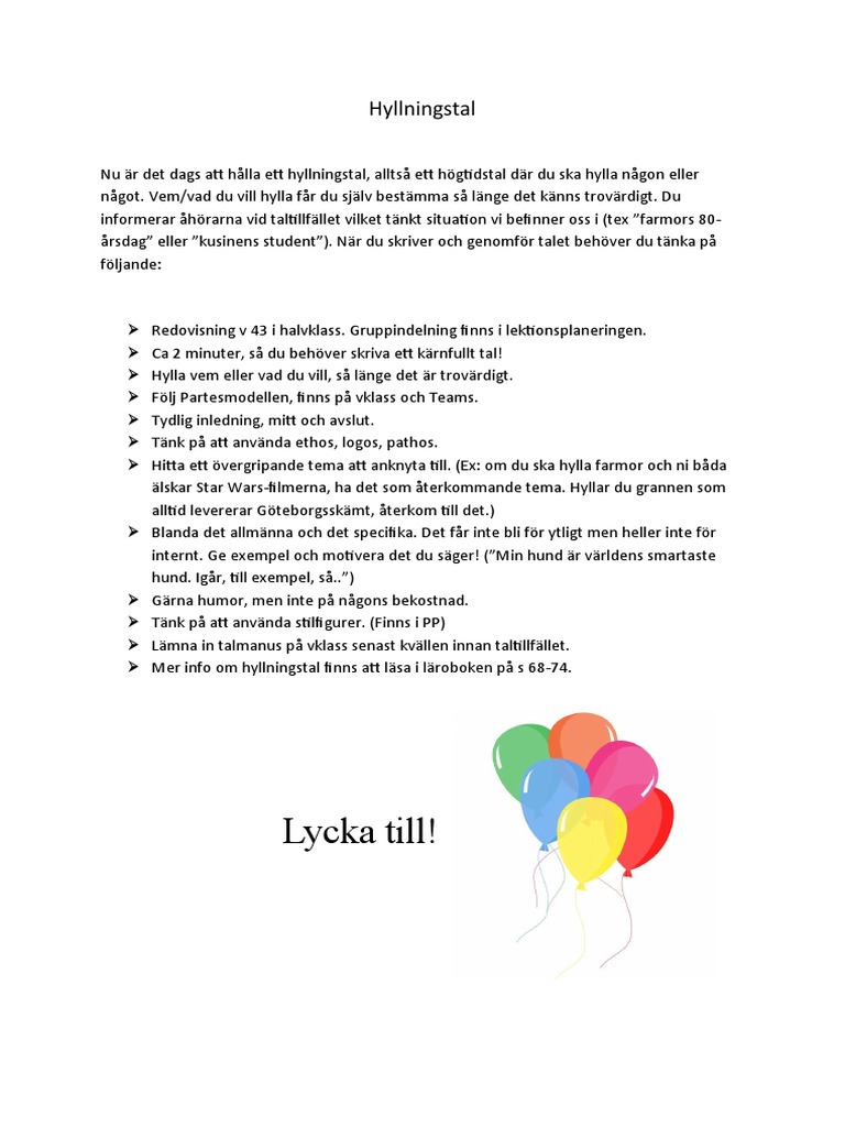 Lycka Till!: Hyllningstal | PDF