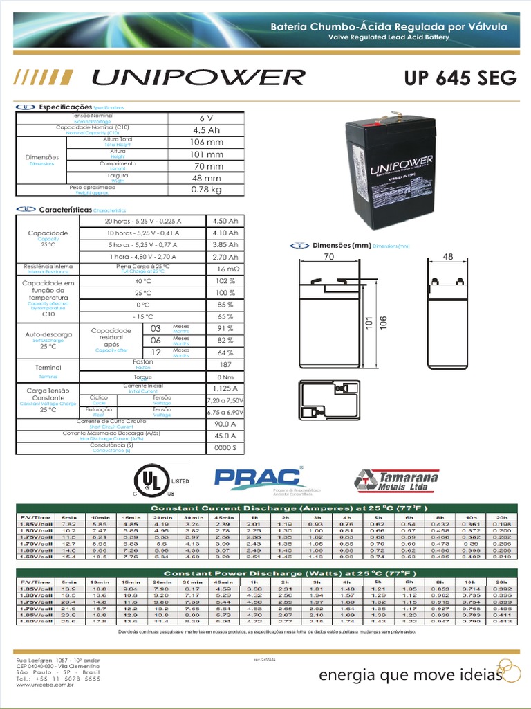 VRLA Battery Unipower Up645 Seg - 6v / 4,5ah (English Version) | PDF ...