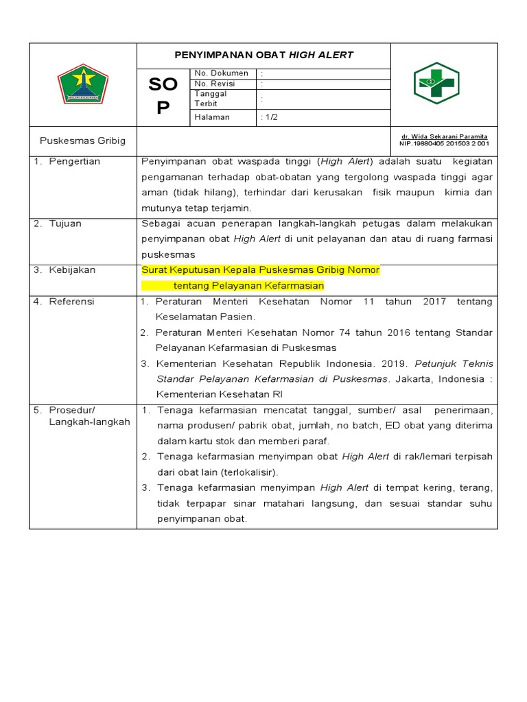 Sop Penyimpanan Obat High Alert | PDF