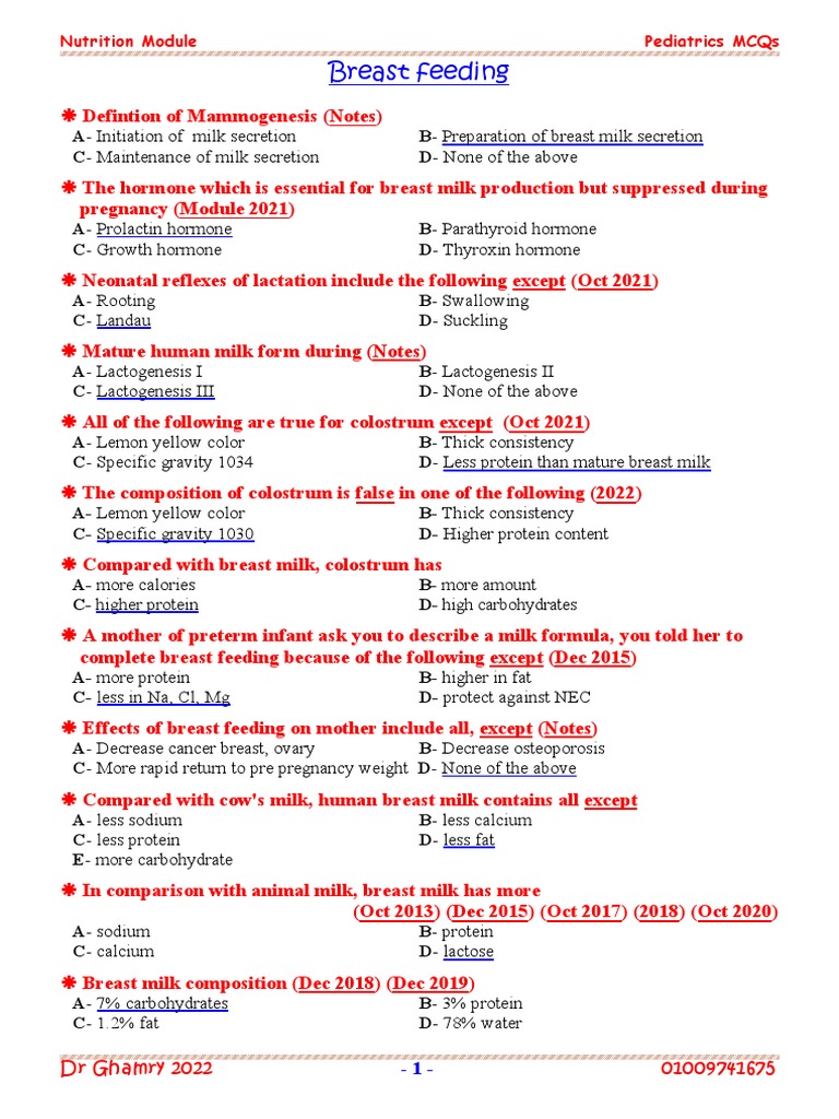 DR Ghamry MCQs | PDF | Breast Milk | Breastfeeding