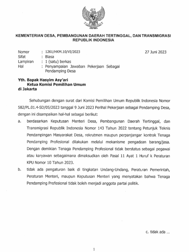 1261 - Surat An Menteri Ke Ketua KPU | PDF