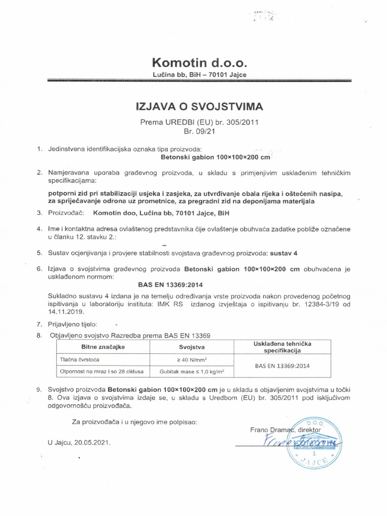 Izjava o Svojstvima AB GABIONI | PDF