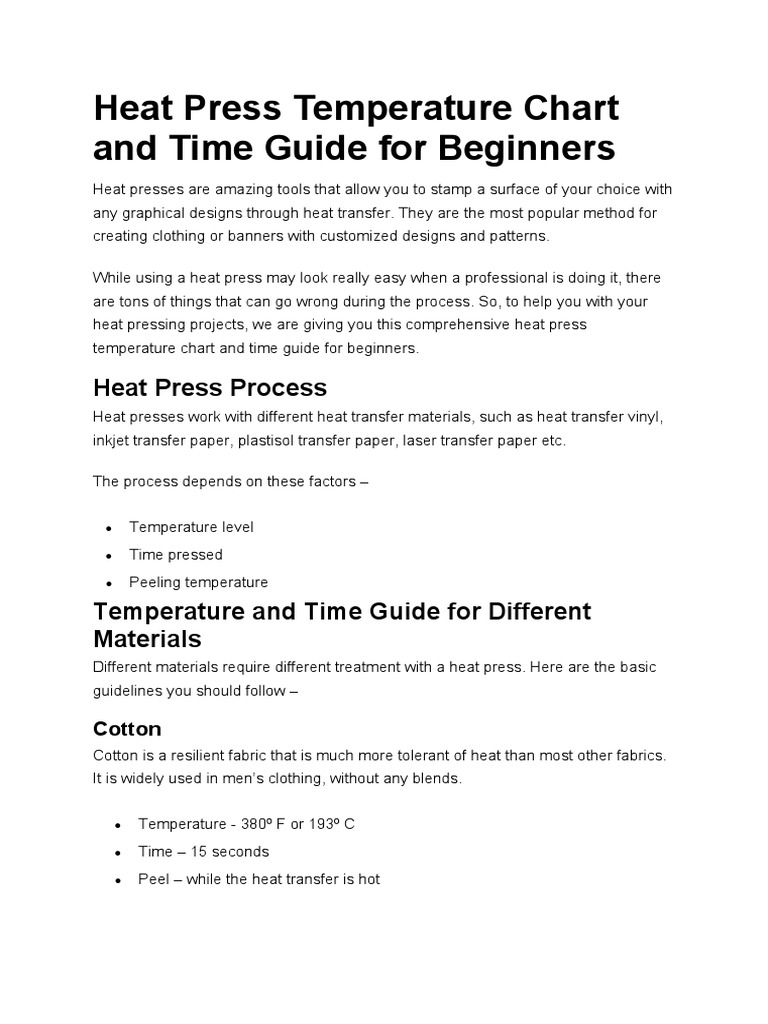 Heat Press Temperature Chart and Time Guide For Beginners | PDF ...