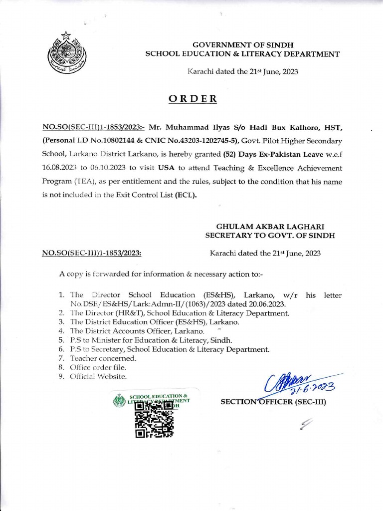 Order For Grant of 52 Days Ex-Pakistan Leave To Visit USA To Attend TEA ...