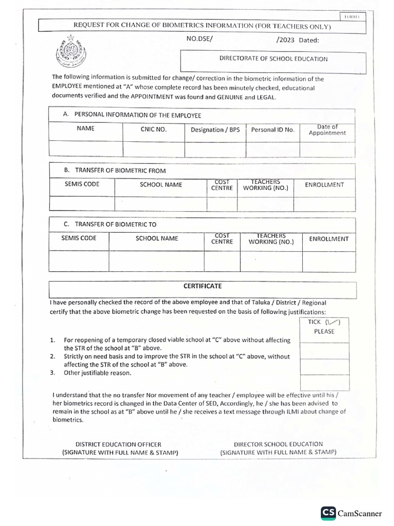 Change of Biometric | PDF