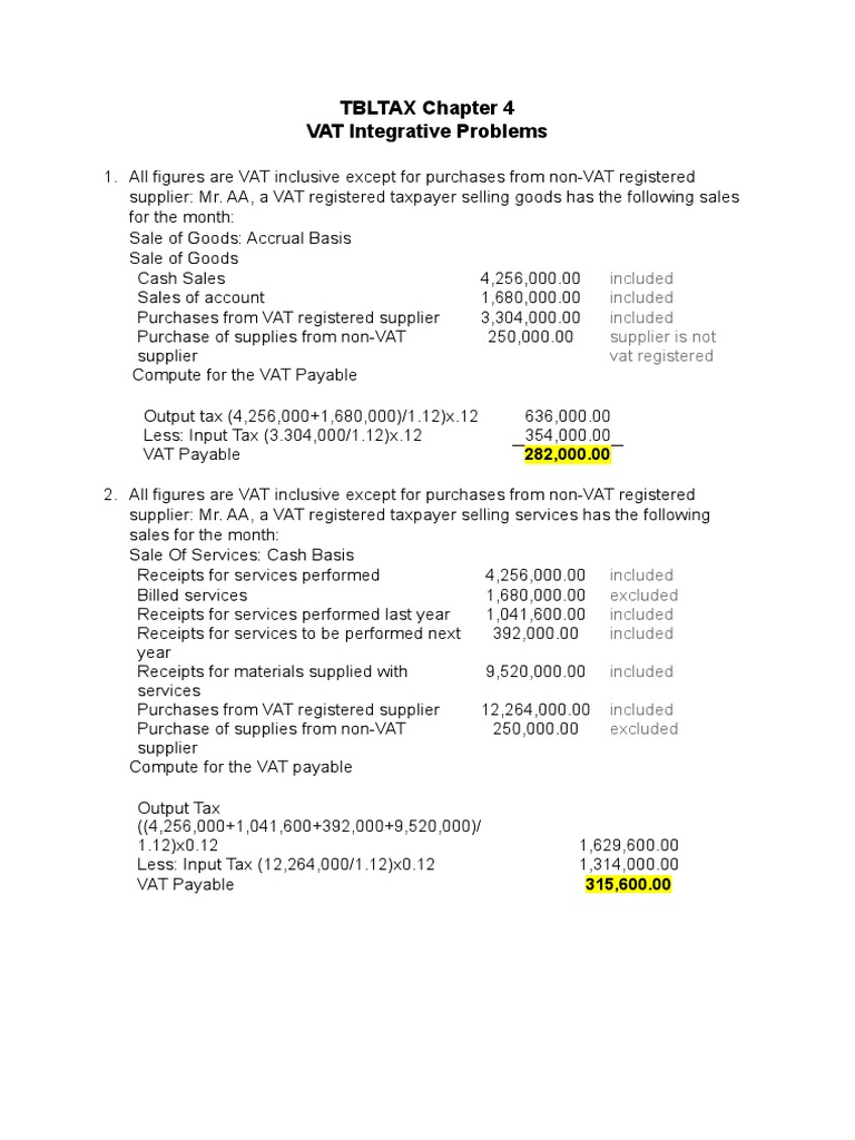 TBLTAX Chapter 4 VAT Integrative Problems | PDF | Value Added Tax | Taxes