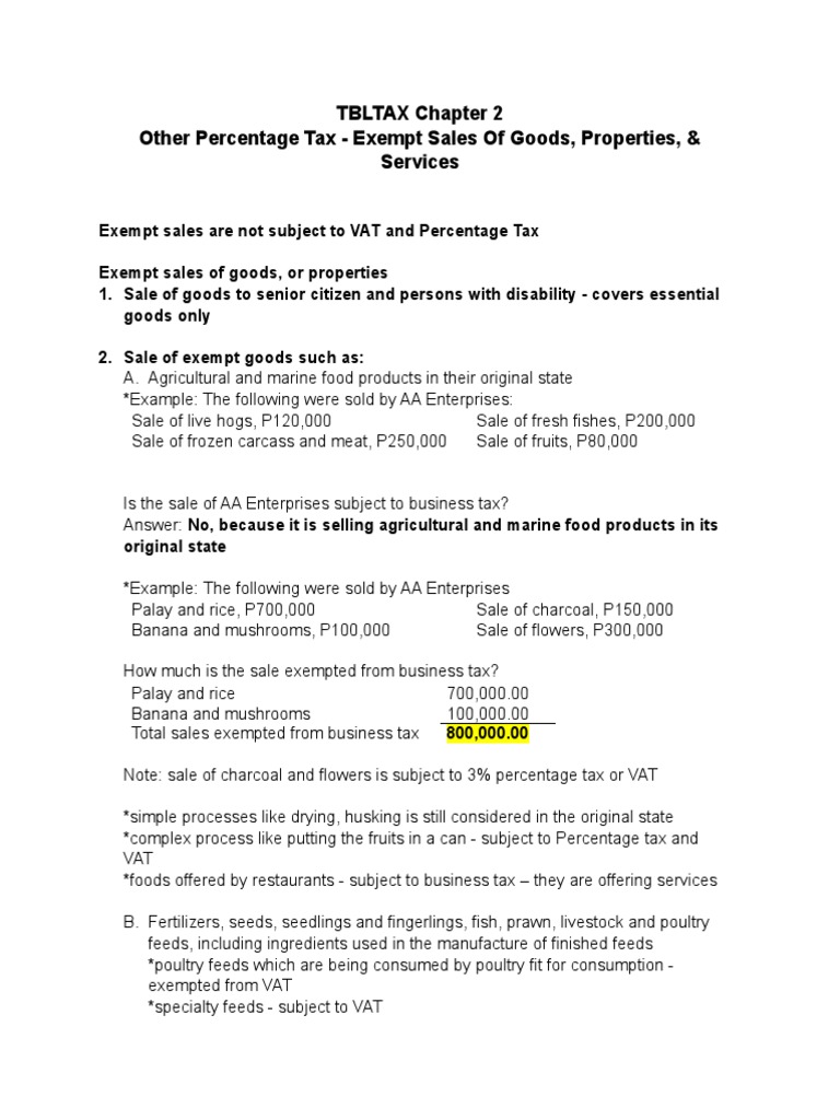 TBLTAX Chapter 2 Percentage Tax Exempt Sales of Goods or Properties and Services | PDF | Value ...