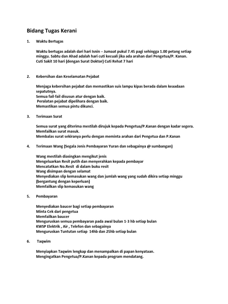 Bidang Tugas Kerani | PDF | Pengelolaan Keuangan & Uang