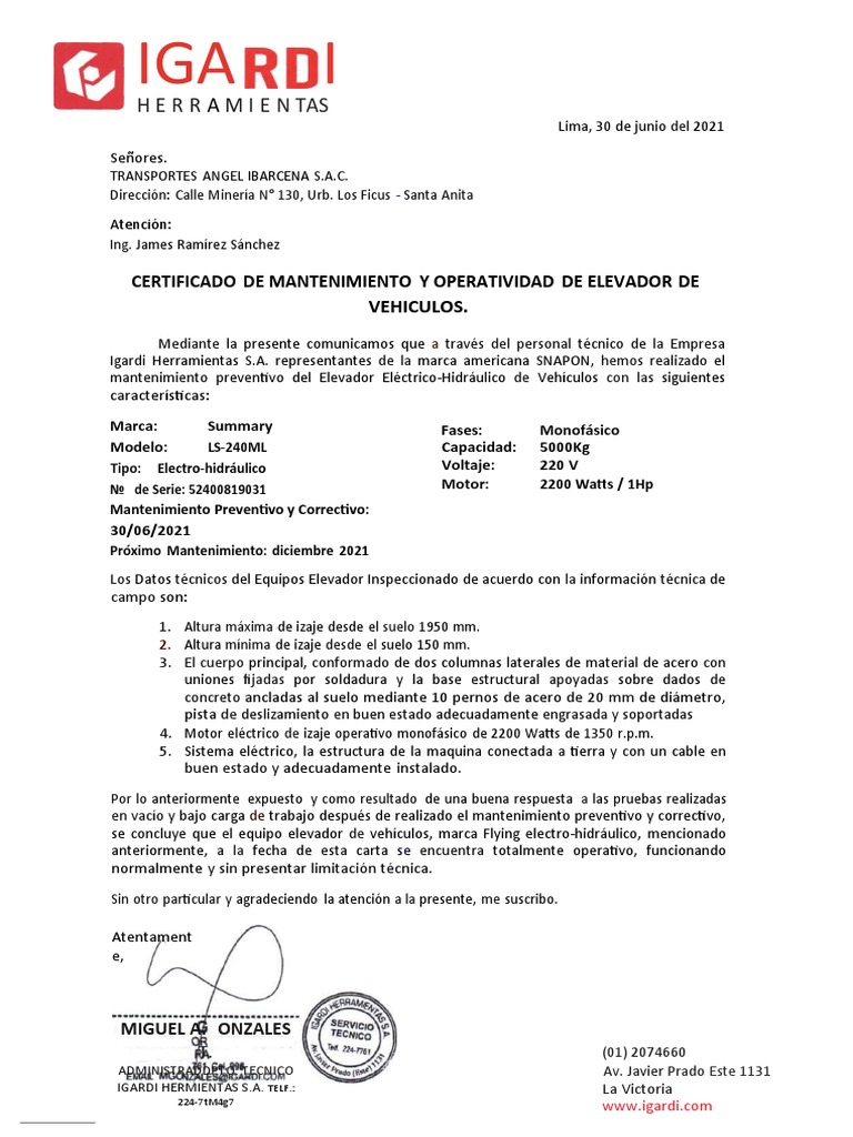 Certificado Elevador Summary 1 | PDF | Bienes manufacturados