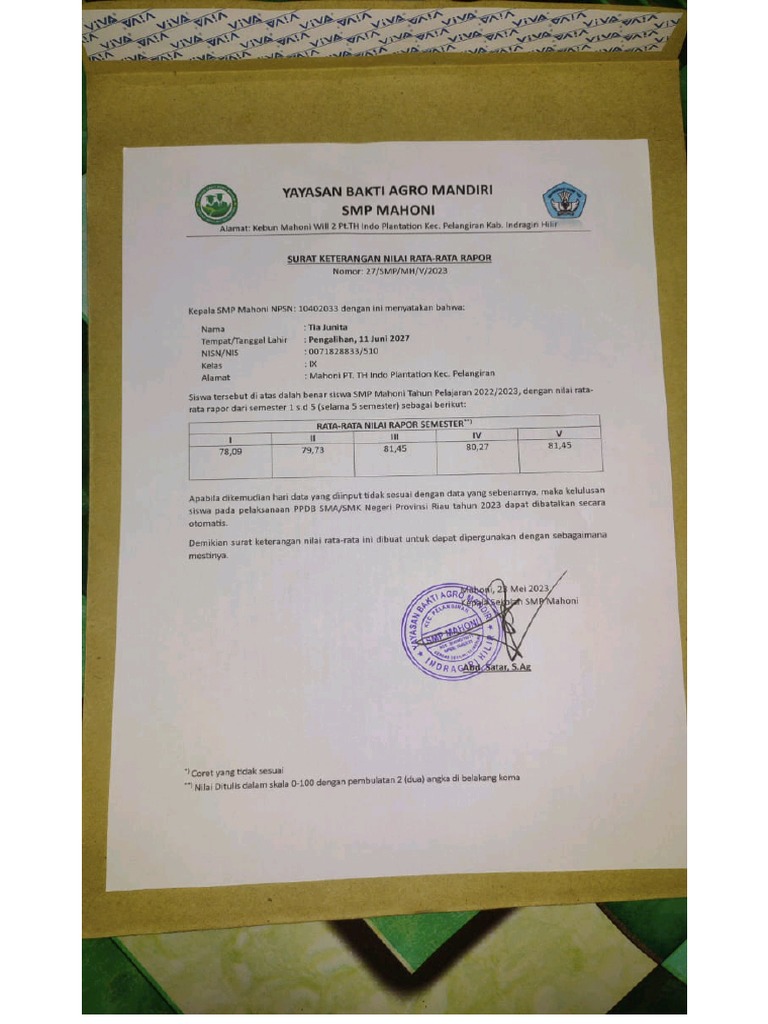 Surat Rata-Rata Rapor Tia | PDF