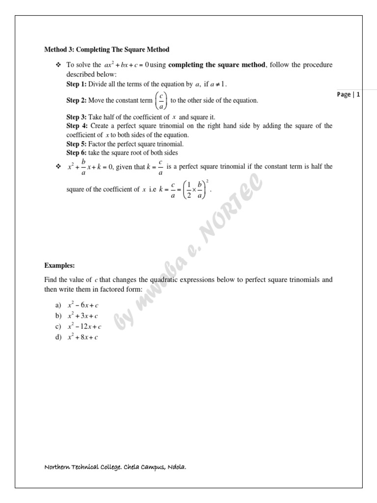 Quadratic Equations - Completing The Square Method | Download Free PDF | Applied Mathematics ...