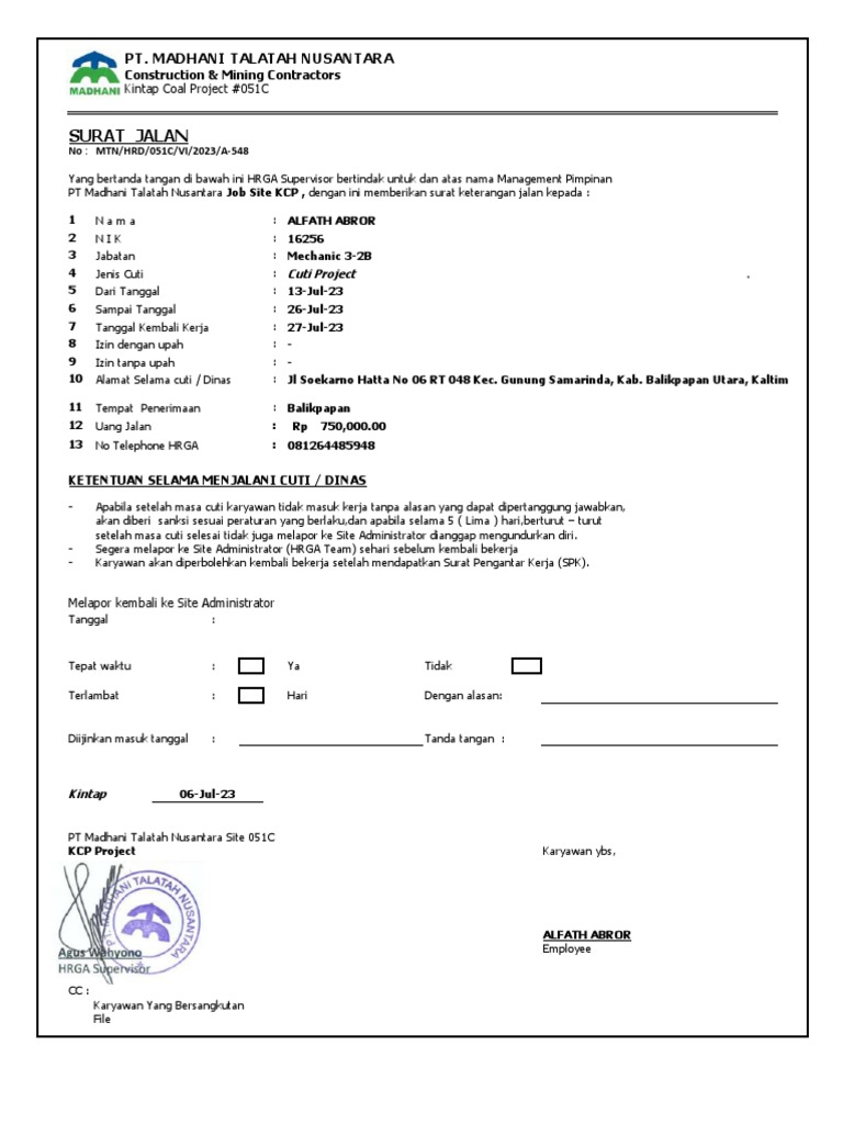 Surat Jalan Cuti An Alfat Abror - Plant | PDF