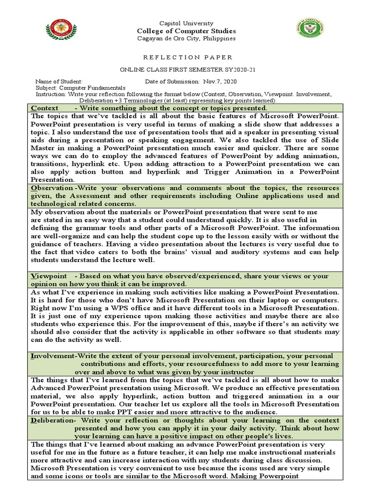 MIDTERM Reflection Template | PDF | Microsoft Power Point | Learning