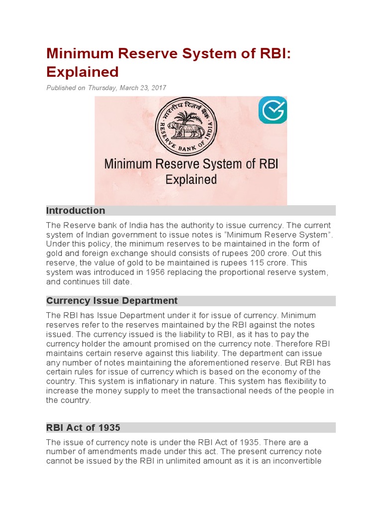 Minimum Reserve System of RBI | PDF | Reserve Bank Of India | Money