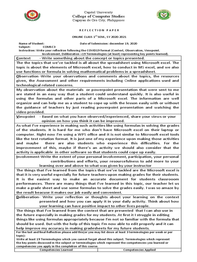 Reflection Finals | PDF | Microsoft Excel | Spreadsheet