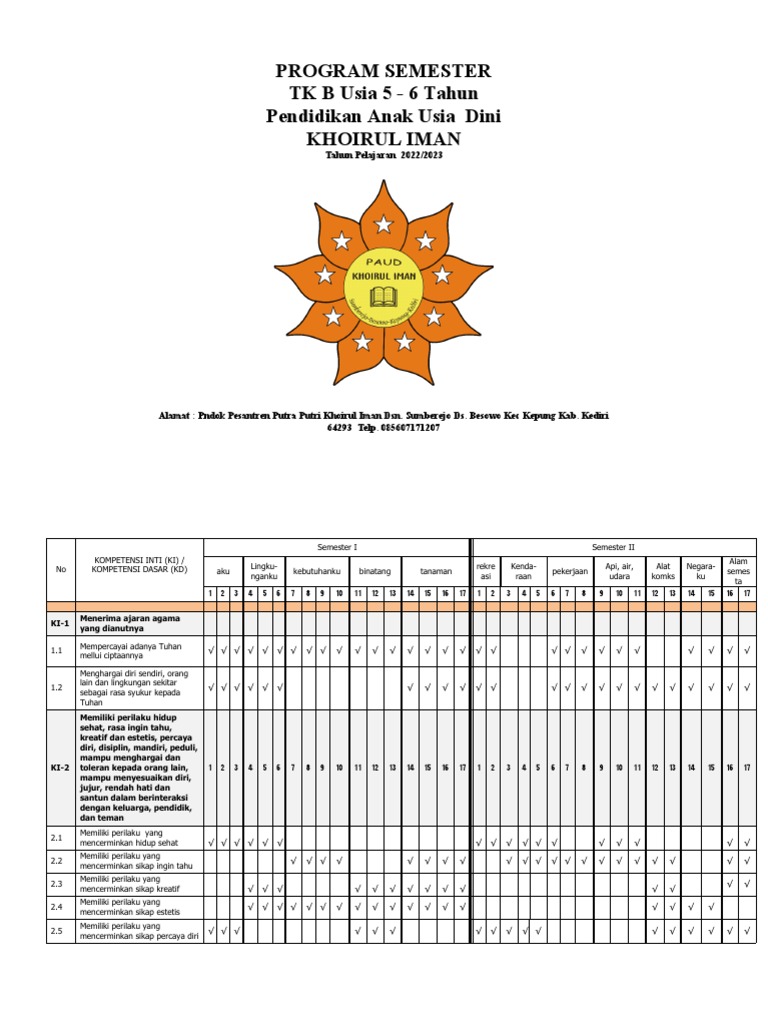 Prosem TK B 5-6 Tahun K13 Semester 1,2 | PDF
