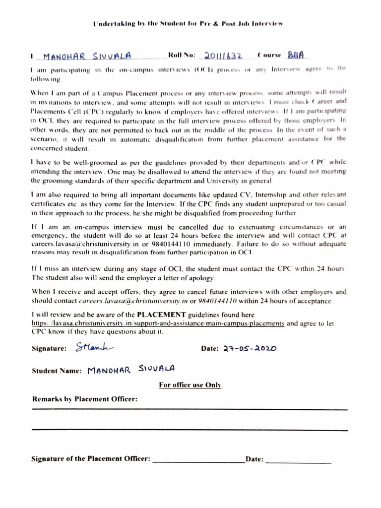 CHRIST Placement Student Undertaking Form | PDF