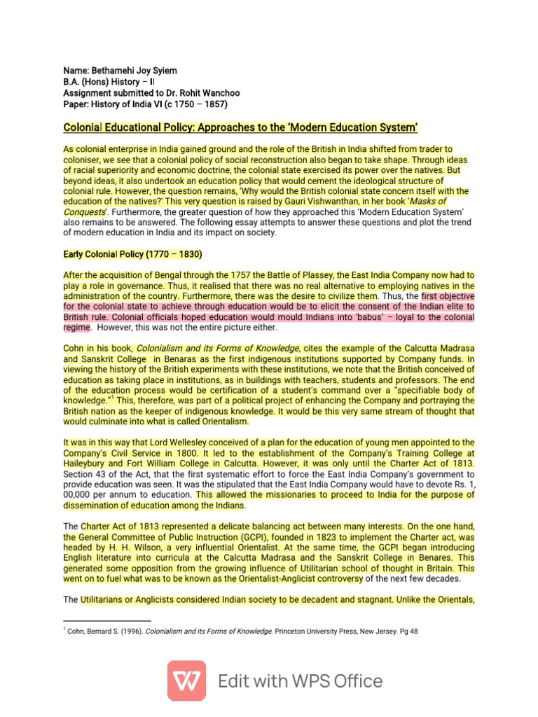 Colonial Educational Policy - Approaches To Modern Education | PDF ...