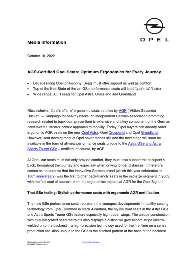 AGR-Certified Opel Seats - Optimum Ergonomics For Every Journey | PDF ...