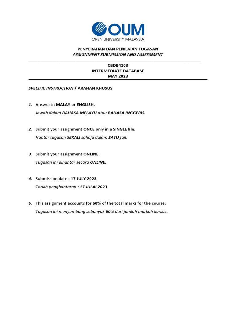 Penyerahan Dan Penilaian Tugasan CBDB4103 Intermediate Database MAY 2023 | PDF | Databases ...