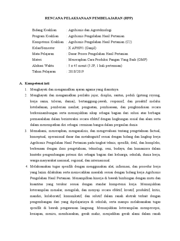 RPP - 3.11 Menerapkan Cara Produksi Pangan Yang Baik (GMP) | PDF