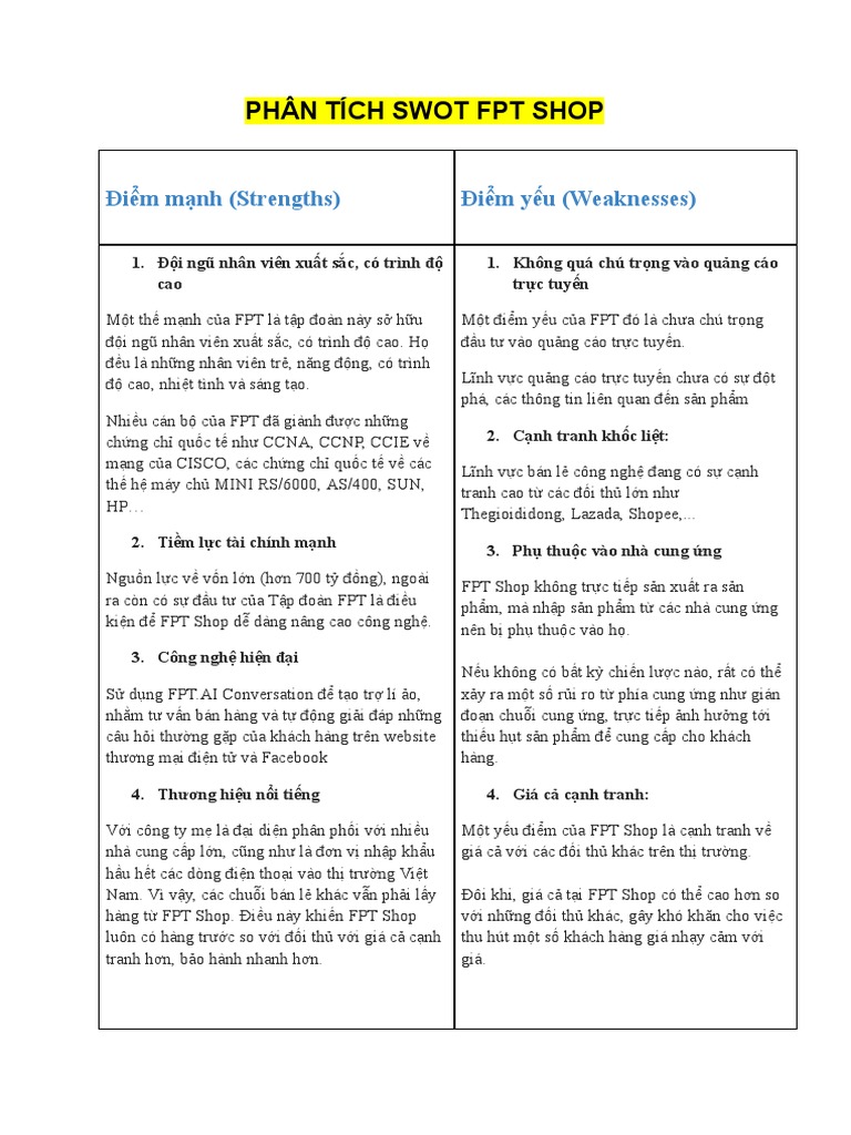 SWOT - FPT Shop | PDF