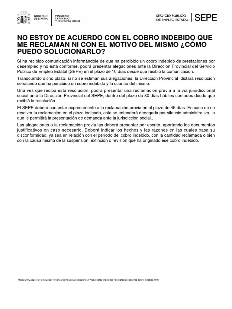 Reclamación Cobro Indebido SEPE | PDF | Finanzas y dinero