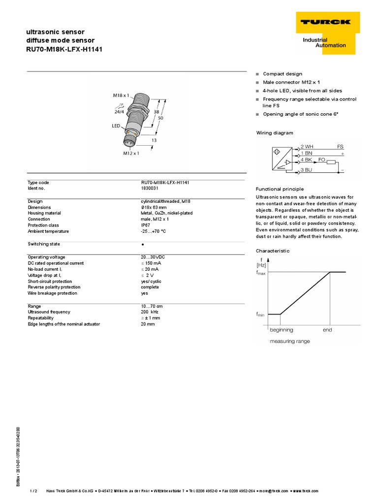 Ultrasonic Sensor Diffuse Mode Sensor RU70-M18K-LFX-H1141 | PDF ...