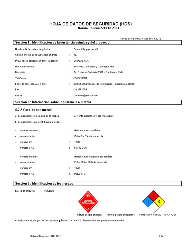 HOJA DE DATOS DE SEGURIDAD (HDS) Norma Chilena 2245 Of.2003 | PDF | Agua | Materiales