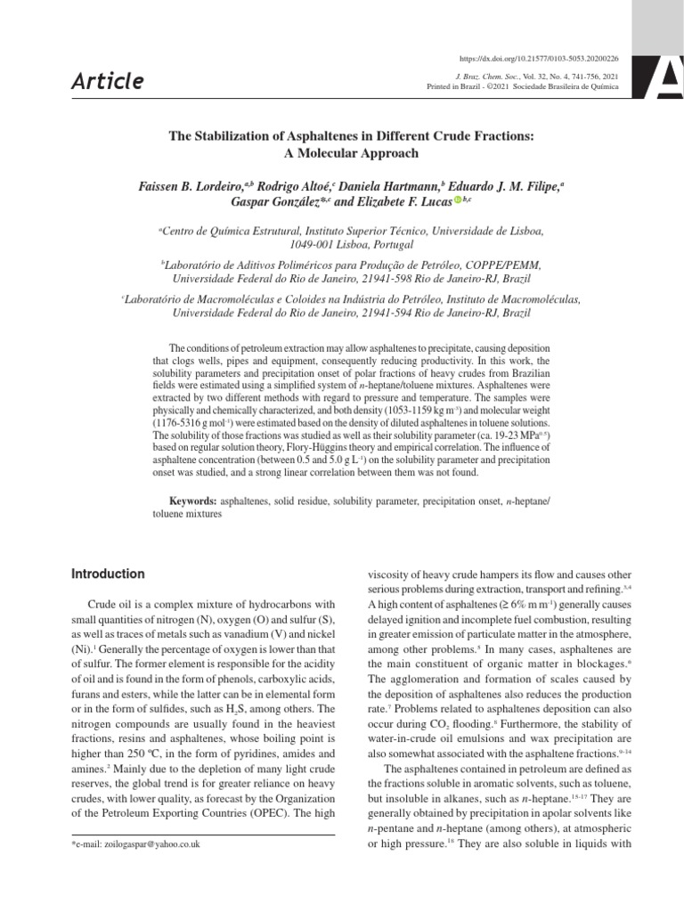 The Stabilization of Asphaltenes in Different Crude Fractions A Molecular Approach | PDF ...