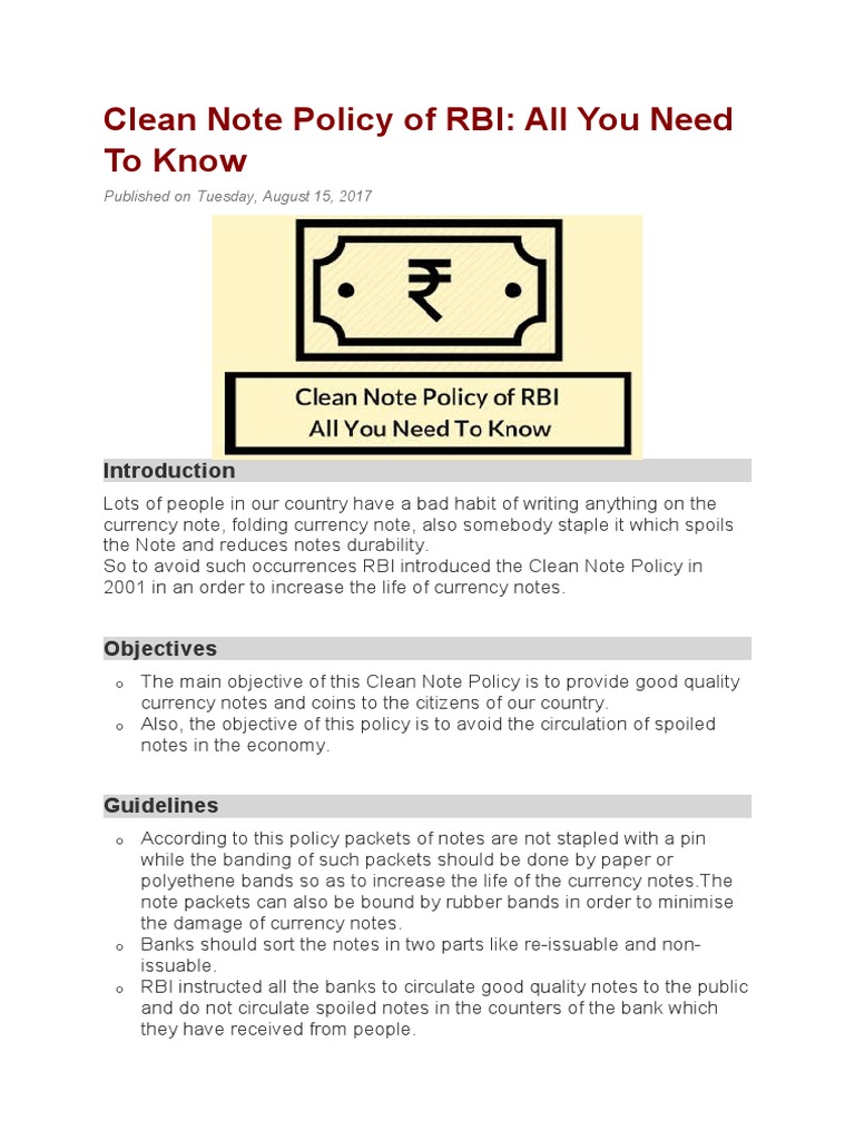 RBI Clean Note Policy Overview | PDF | Reserve Bank Of India | Banknote
