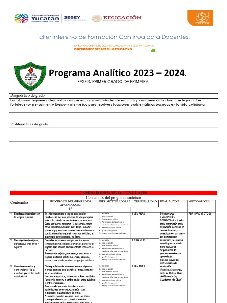 Programa Analitico Fase 3 Primer Grado 2023 Pdf Sonido Evaluación 1474