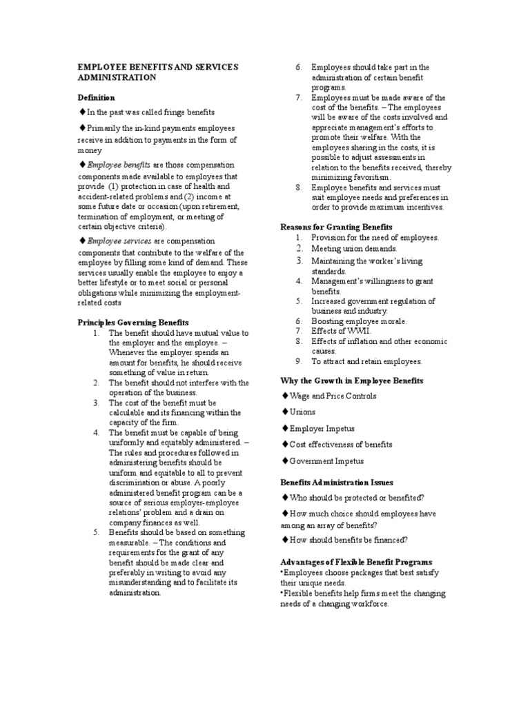 Employee Benefits and Services Administration Handout | PDF | Welfare ...