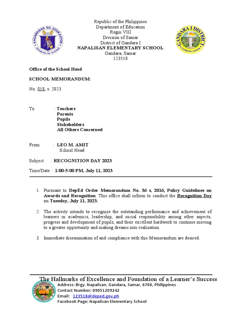 School Memorandum Recognition Day | PDF
