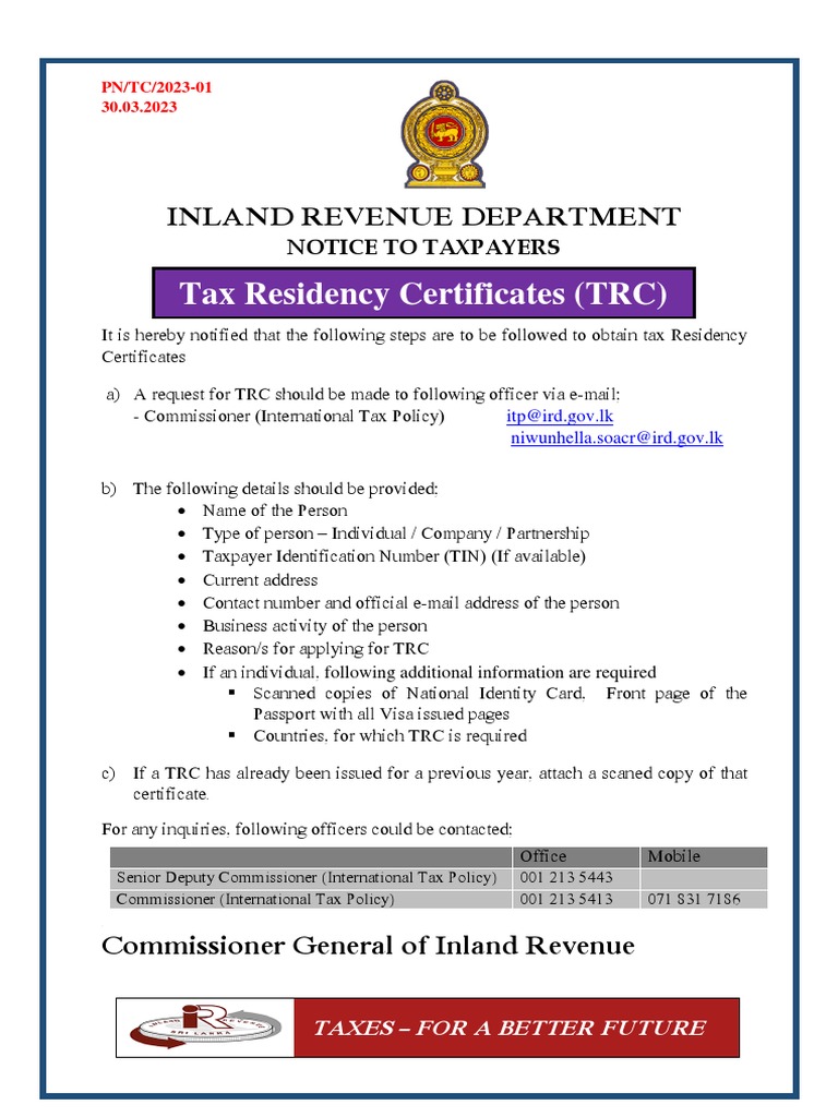 Tax Residency Certificates (TRC) : Inland Revenue Department | PDF