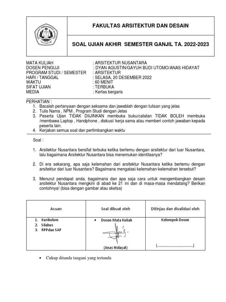 Soal Uas Arsitektur Nusantara 2022 | PDF