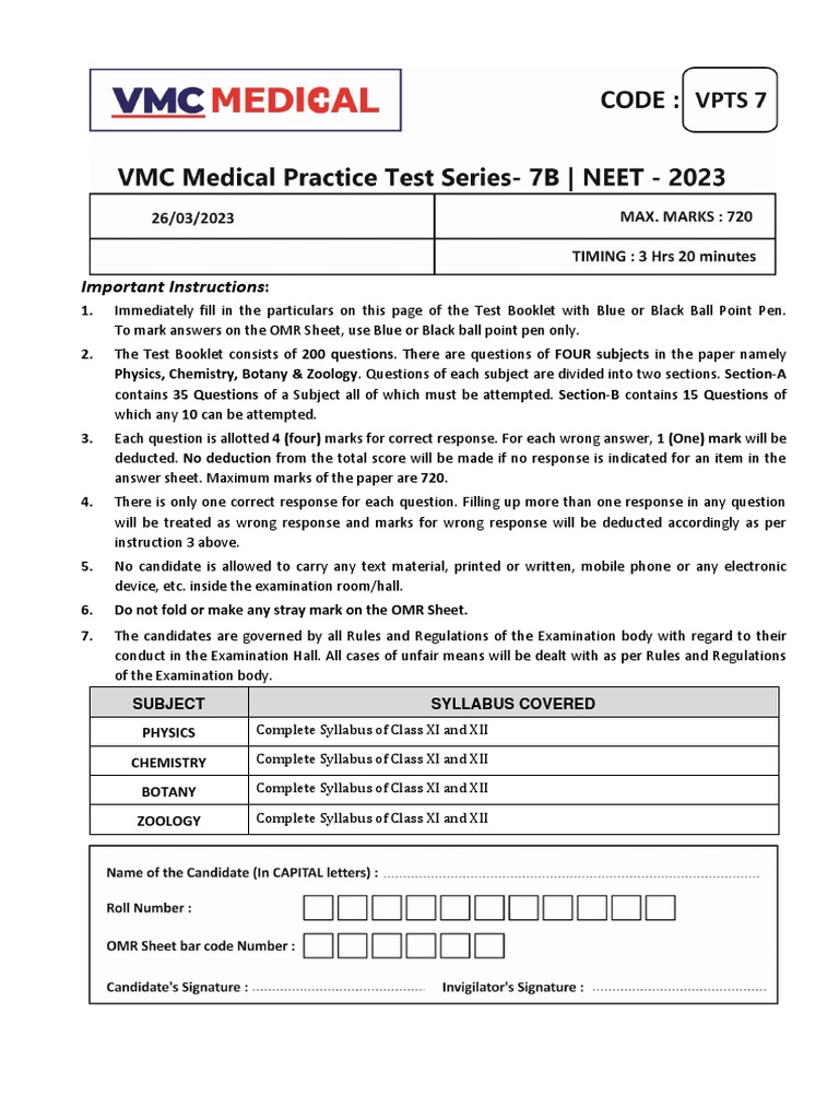 Medical (VPTS-7) Practice Test Series-7 (Phase-B) (26!03!2023 ...