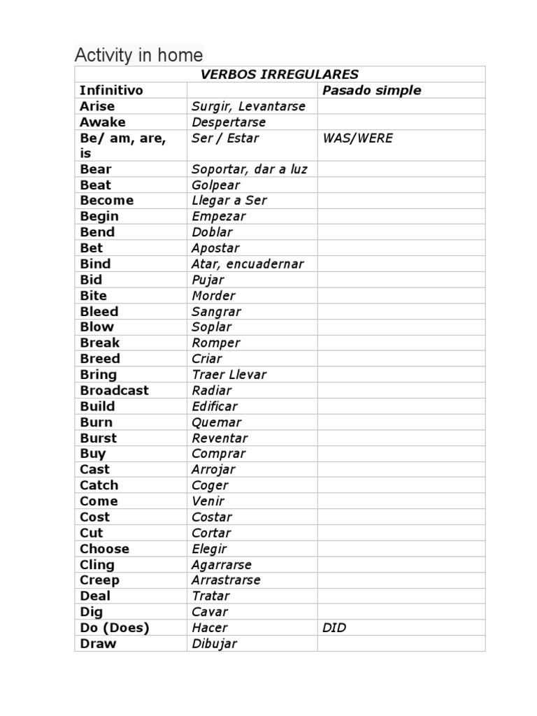 Activity in Home - Verbos Irregulares | PDF